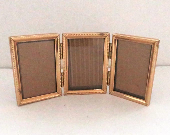 1970s Antique Brass Hinged Triple Picture Frame - 3 1/2 X 2 1/2 Glass ...