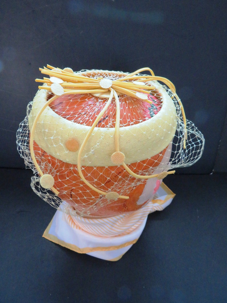 1950s Ring Hat With Veil - Lemon Yellow Hat Streamers Polka Dots Veil ...