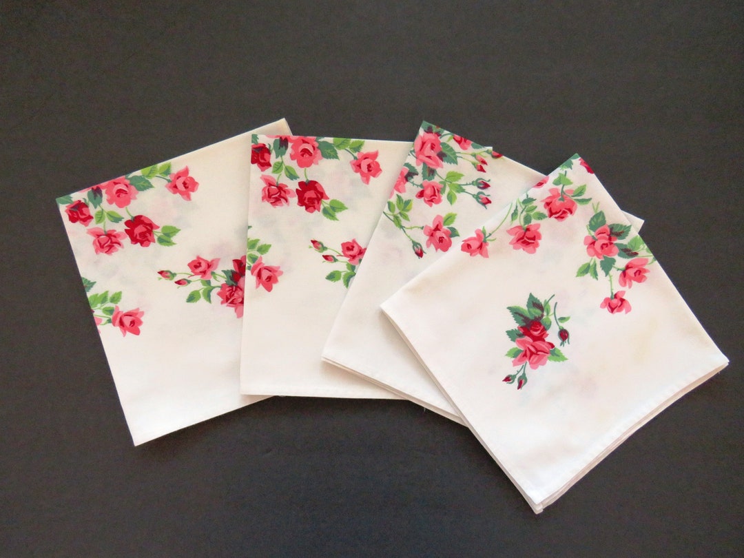 1960s Vintage Pink Red Roses Napkins by Wilendur - Set of 4 Cotton Pink ...