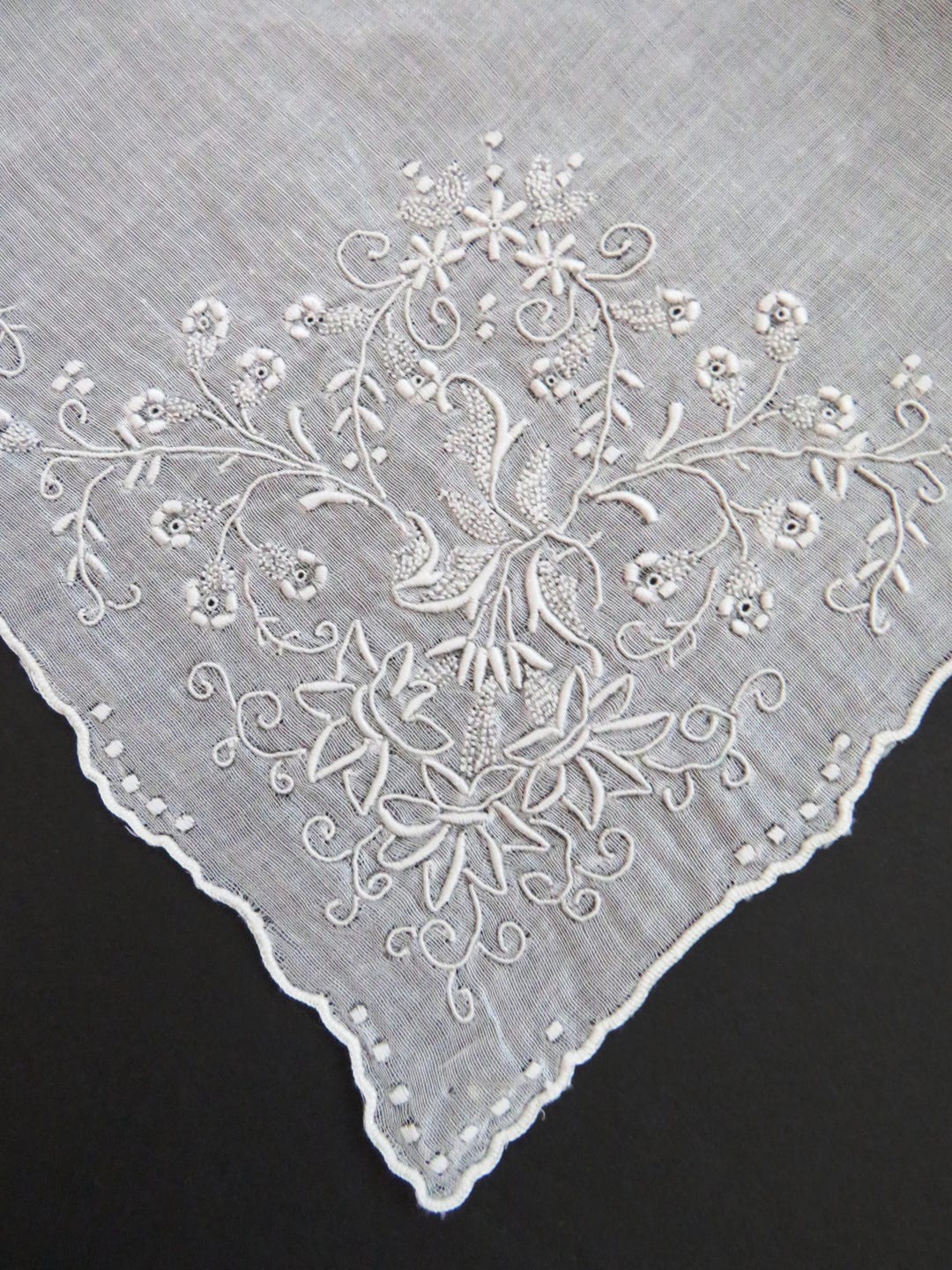 Vintage White Bridal Handkerchief - Silver Raised Roses Daisy Leaf ...