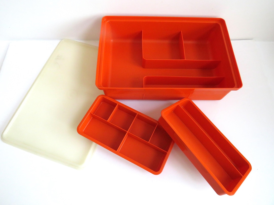 1980 Tupperware Hobby Organizer - Orange Divided Plastic Container Lid ...