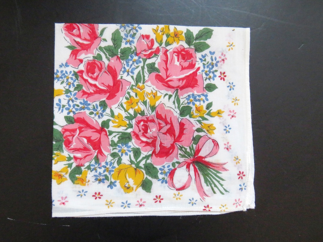 Vintage Red Roses Handkerchief - Roses Daffodils Forget Me Knots ...