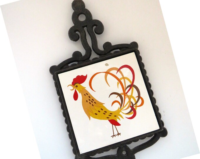 1970s Cast Iron Rooster Trivet by FM Japan - Ceramic Yellow Red Brown ...