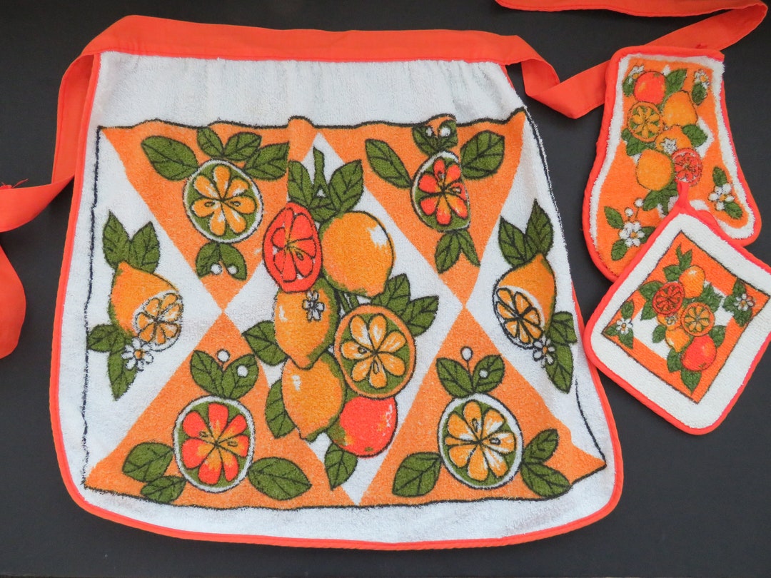 1970s Mod Retro Terry Cloth Apron Set Fruit Half Apron Oven Mitt Pot ...