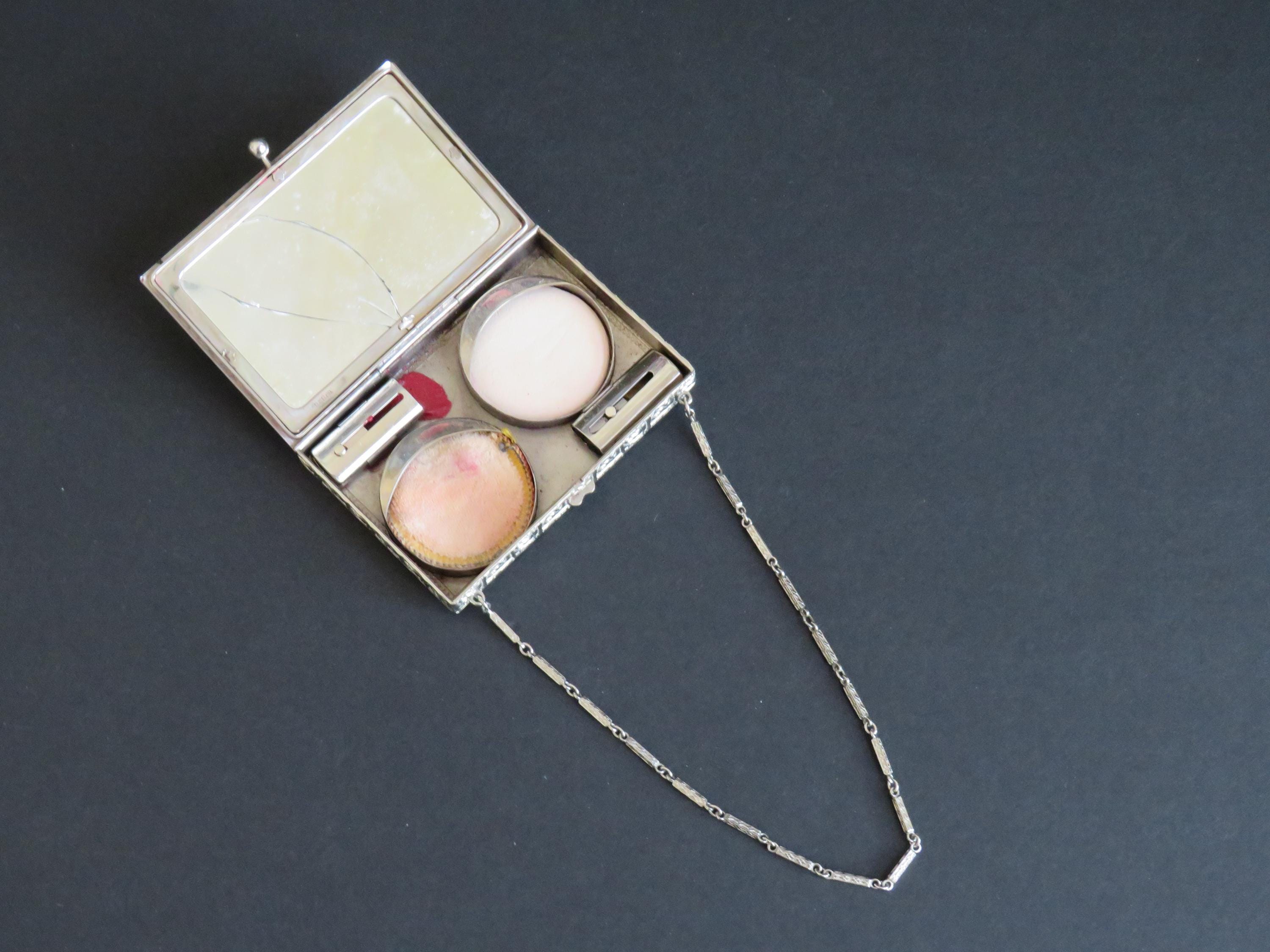 1930s Silver Tone Hanging Makeup Compact - Inlayed Pink Rose - Powder ...