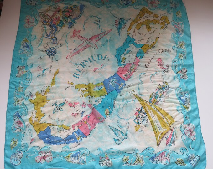 1950s Large BERMUDA Souvenir Silk Scarf - Bermuda Map Hibiscus Horse ...
