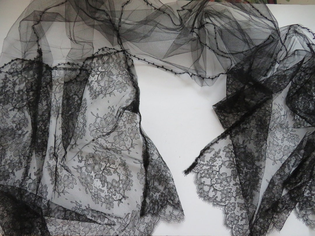 1960s Extra Long Sheer Black Lace Shawl - Made in France for Marshall ...