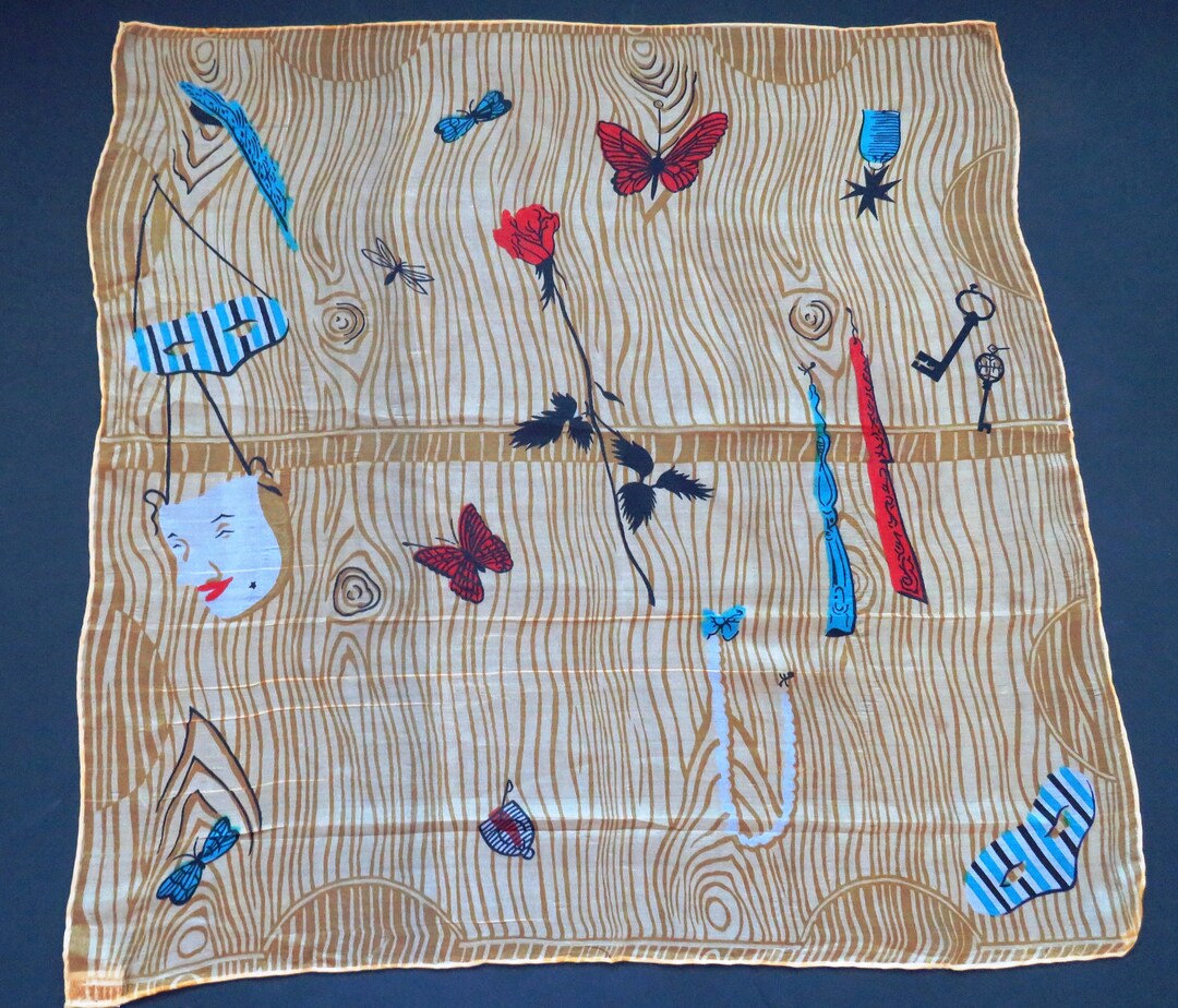 1950s Square Silk Scarf Opera Theme Masquerade Masks Red Rose ...