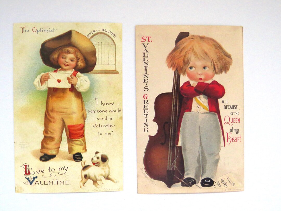 TWO Valentine Postcards - ELLEN CLAPSADDLE - Boy With His Bass - the ...