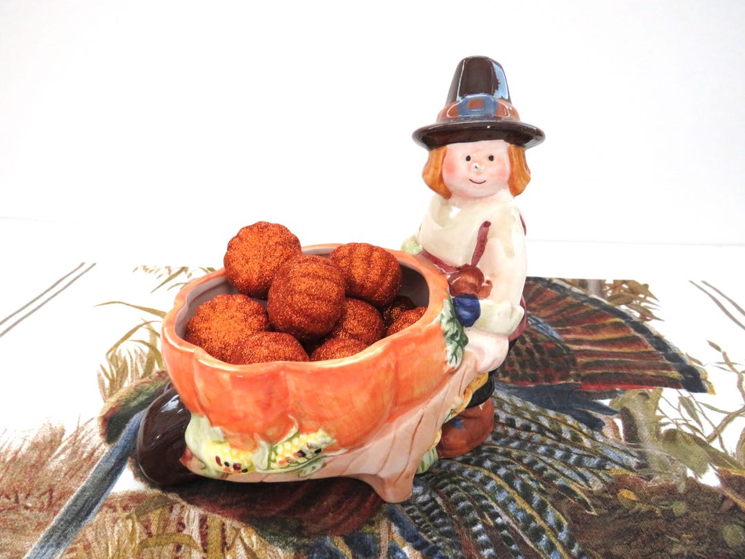 Pilgrim Candy Nut Dish Pumpkin Shaped Wheelbarrow Bowl Pilgrim Figurine ...