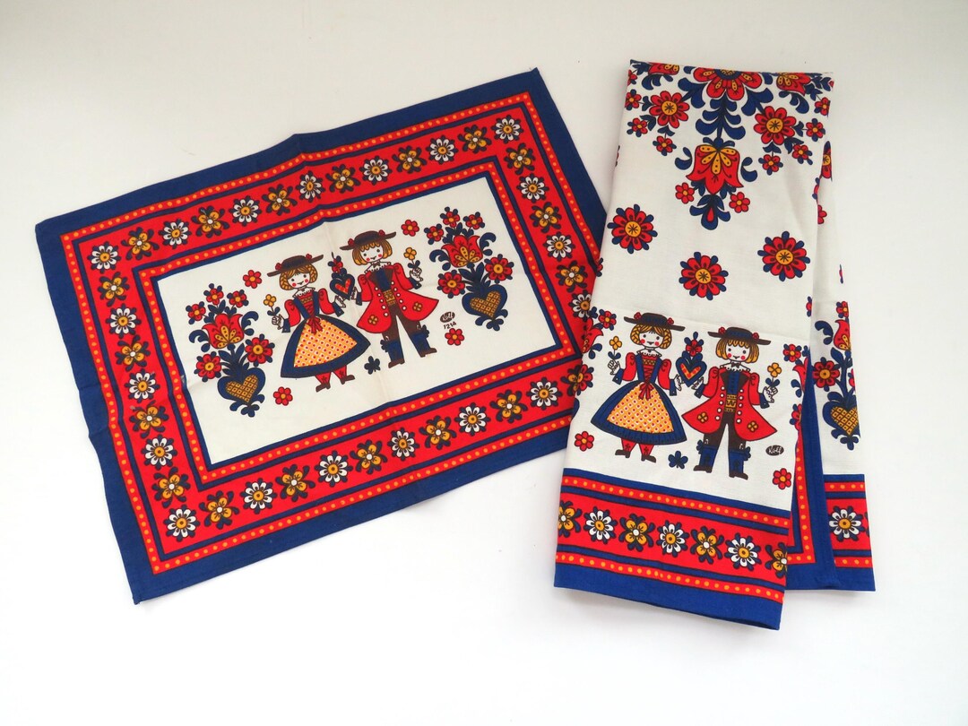 1970s Pennsylvania Dutch Tea Hand Towel Set - Amish German Fabric Folk ...