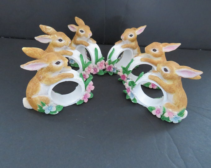 Set of 6 Easter Bunny Napkin Rings - Brown Bunnies Pink Flowers - Resin ...