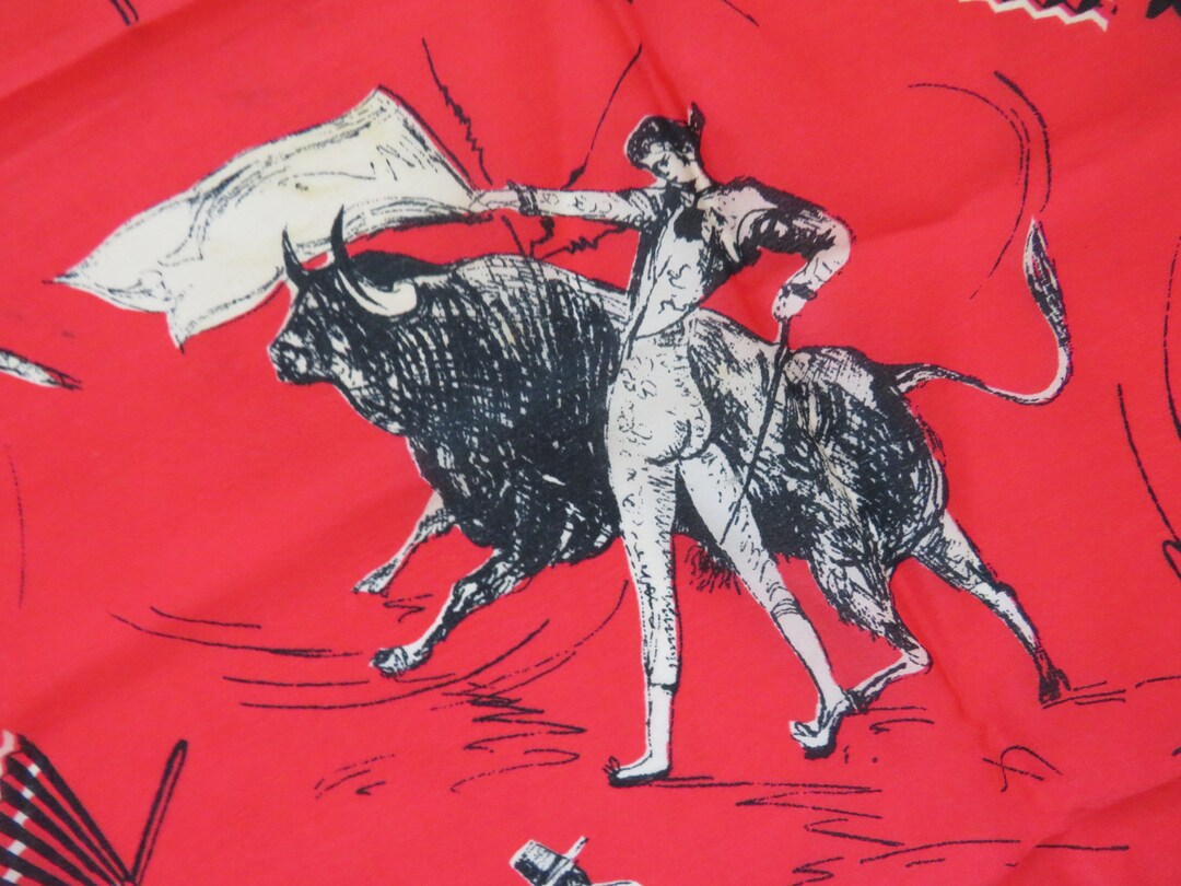 1950s Vintage Silk Matador Theme Scarf Bright Red Bullfighters Bulls ...
