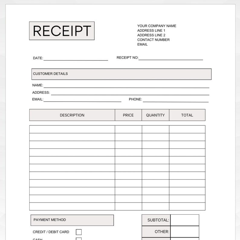 Receipt Template, Editable Business Receipt, Construction Contractor ...