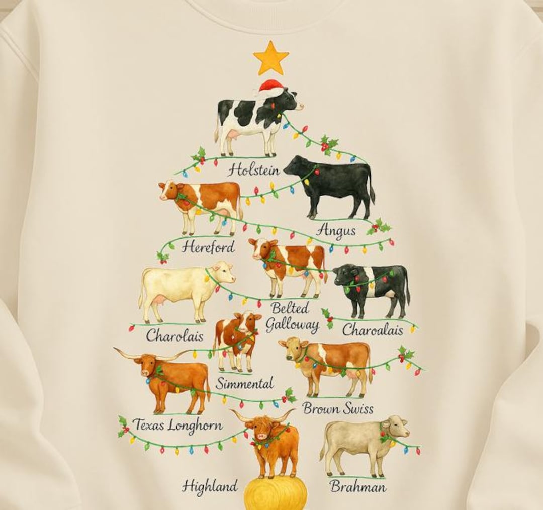 Cow Breeds Christmas Tree PNG • Watercolor Cattle, Farm Holiday ...