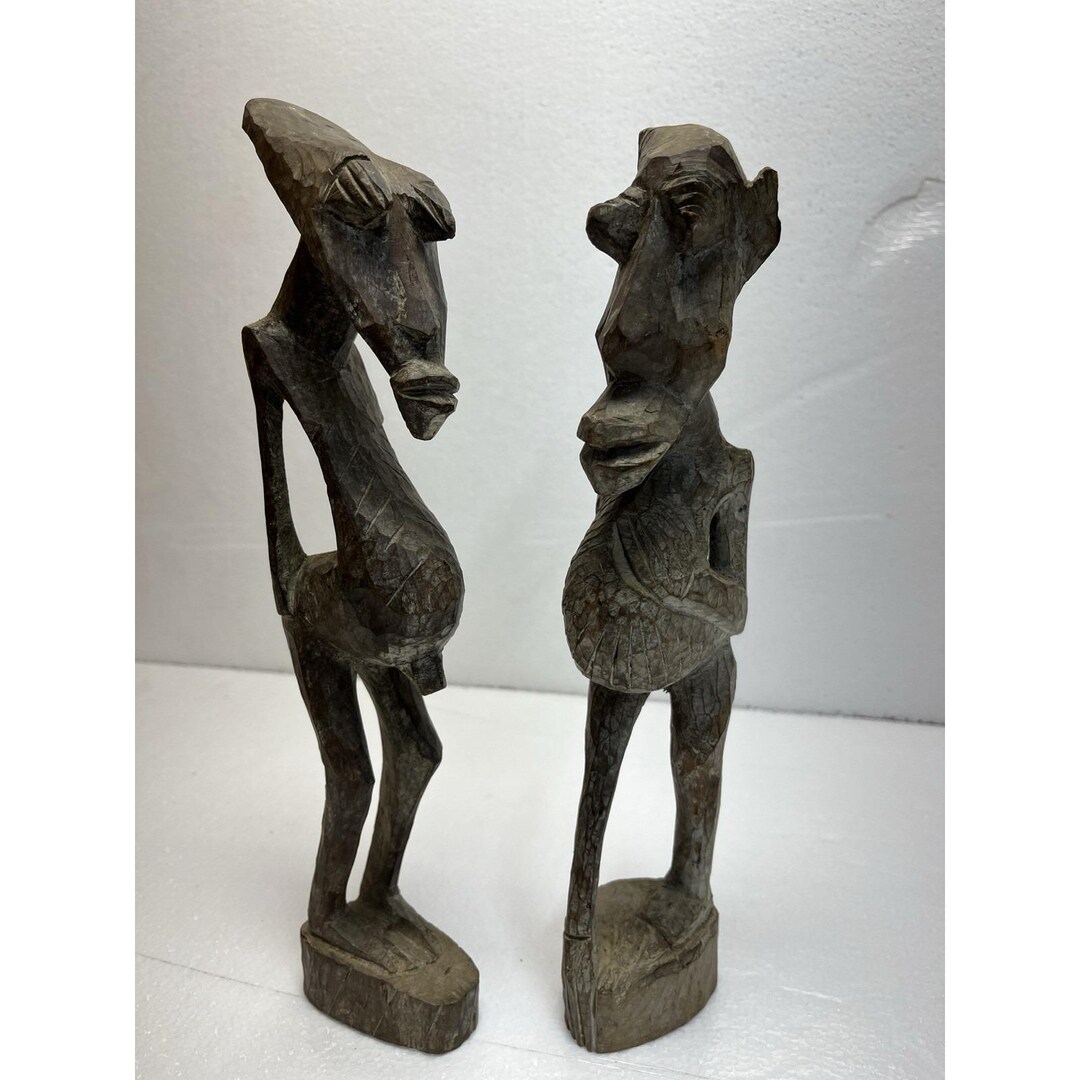 2 Vintage Fertility Statues Hand Carved African Wood Couple Male Female ...