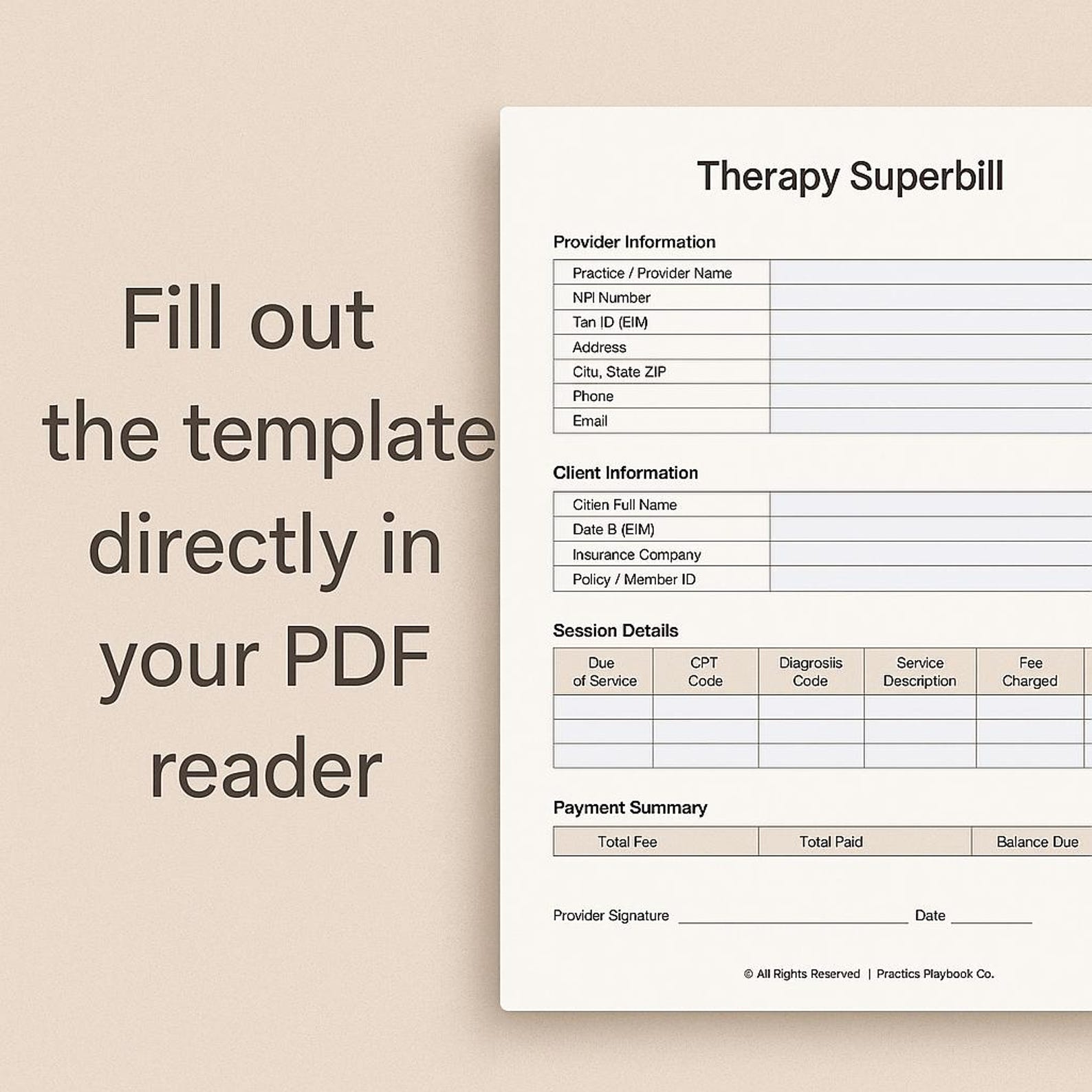 Therapy Superbill Template | Fillable PDF for Private Practice - Etsy