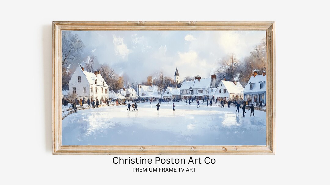 Winter Village Ice Skating Rink Frame TV Art, Christmas Cottage Scene ...