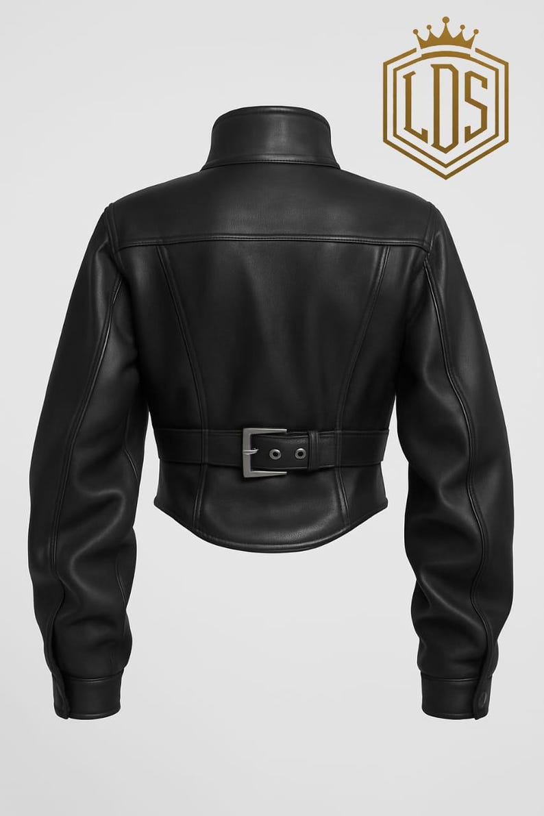 Genuine Leather Cropped Biker Jacket | High Collar, Adjustable Belt - Etsy