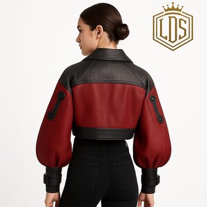 Red & Black Cropped Leather Jacket | Puffy Sleeve, Designer Outerwear ...