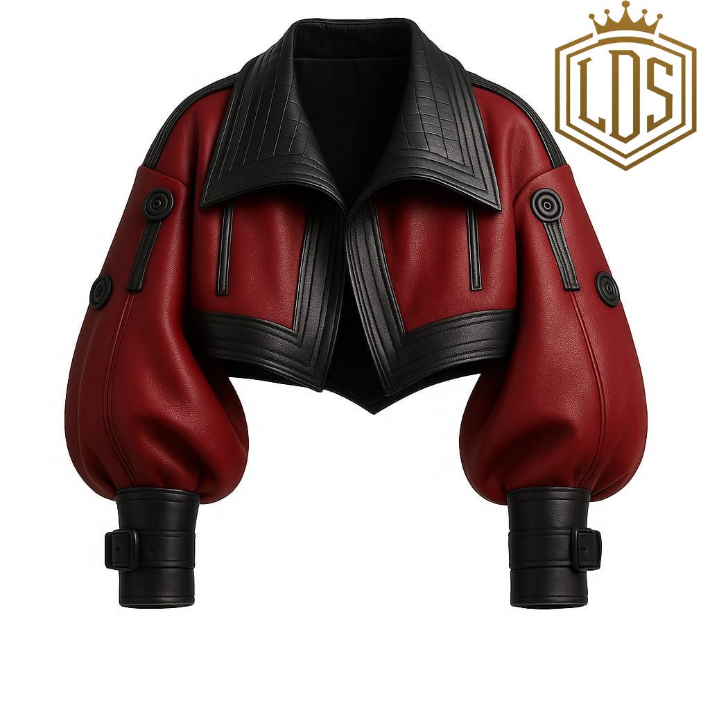 Red & Black Cropped Leather Jacket | Puffy Sleeve, Designer Outerwear ...
