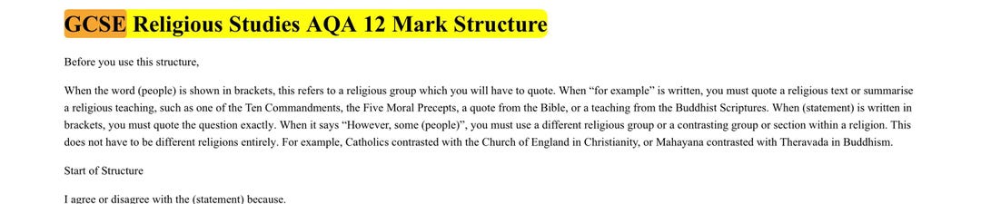Religious Studies 12 Mark SA Structure GCSE AQA - Etsy