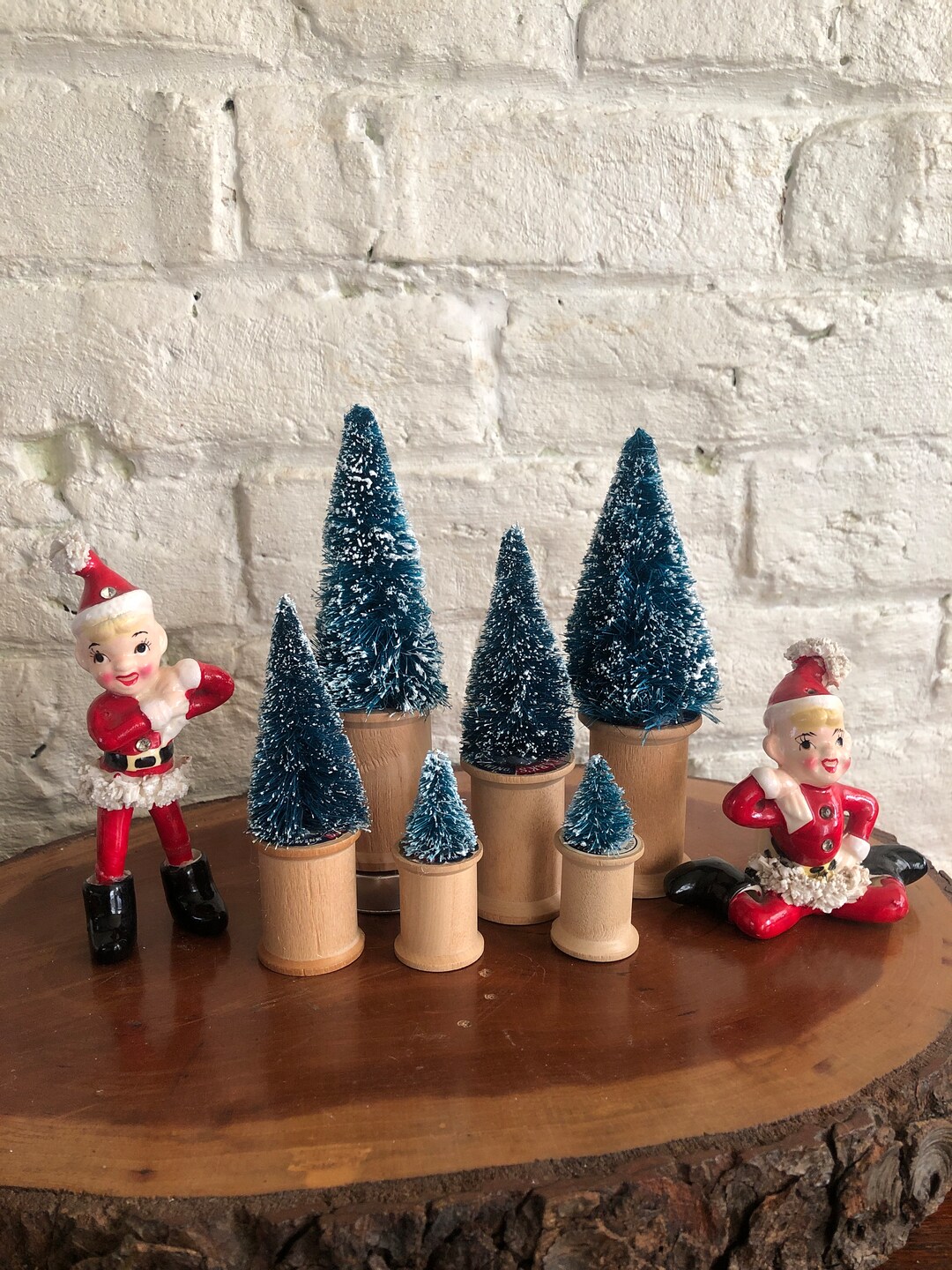 Set of Six Bottle Brush Trees on Vintage Wooden Spools - Etsy