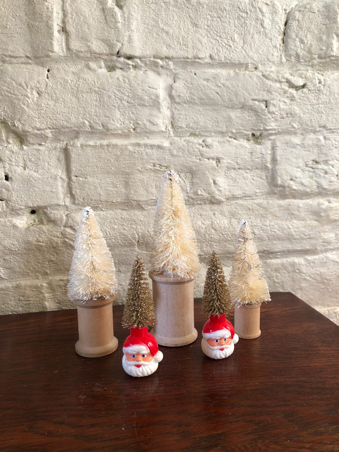 Set of Vintage Wooden Thread Spools and Santa Face Light Covers With ...