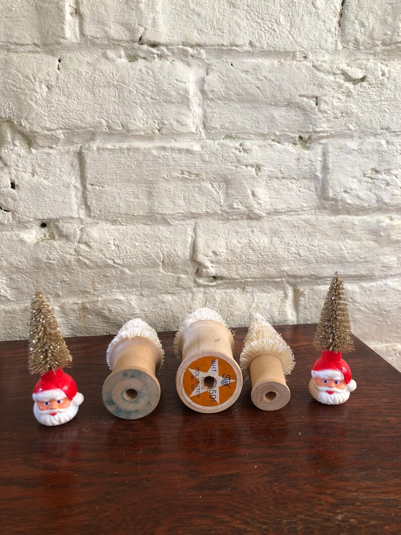 Set of Vintage Wooden Thread Spools and Santa Face Light Covers With ...