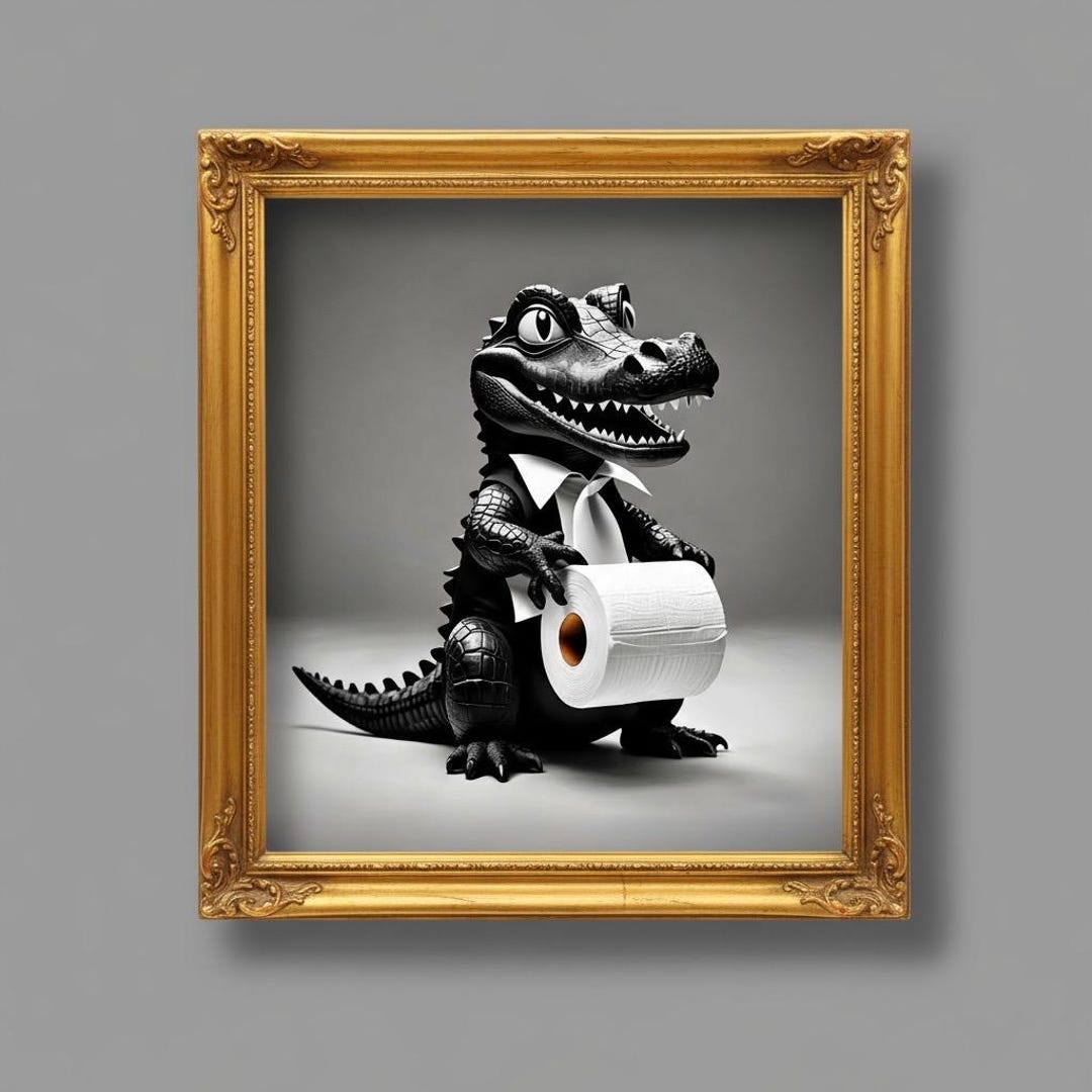 Charming Alligator With Toilet Paper Roll Bathroom Wall Art, Humorous ...