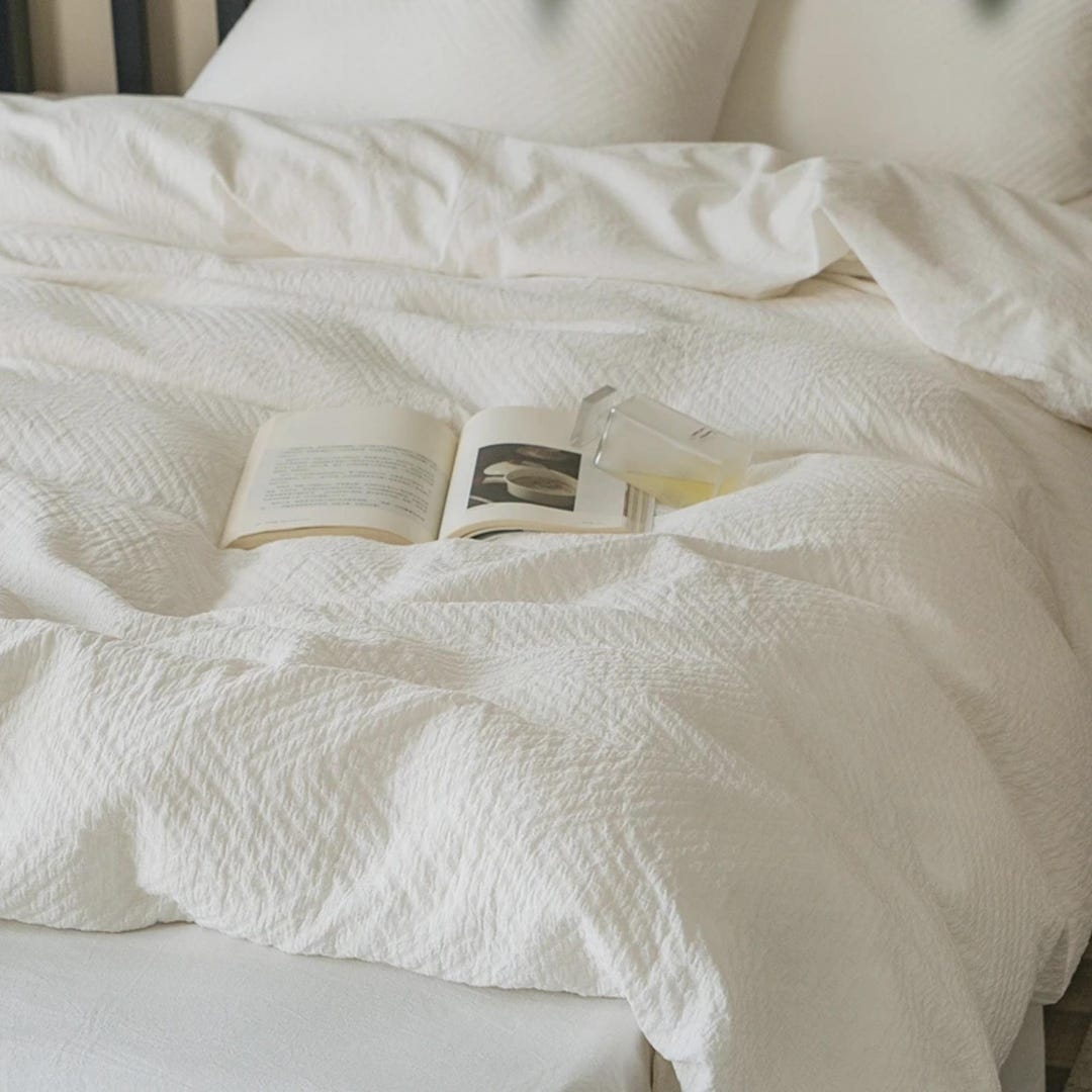 Crinkle Cotton Gauze Bedding Set, Breathable Duvet Cover, Fitted Sheet ...
