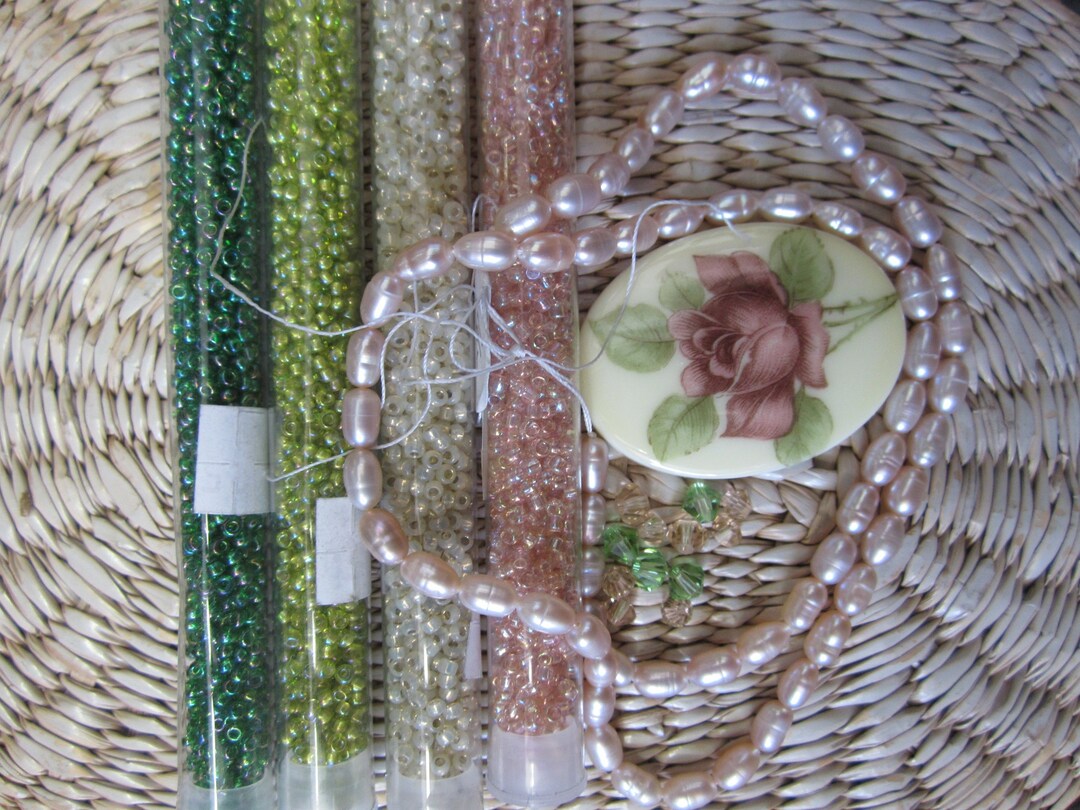 Bead Destash Embroidery Project Necklace or Barrette Flower Cab, Seed ...