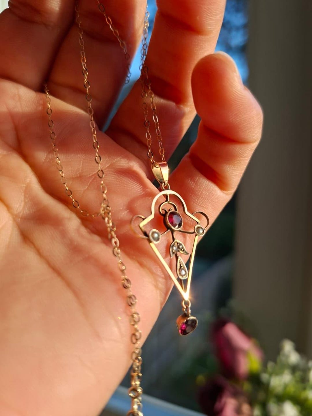 Edwardian 9ct Gold Garnet & Pearl Lavalier Necklace, Antique C.1905 ...