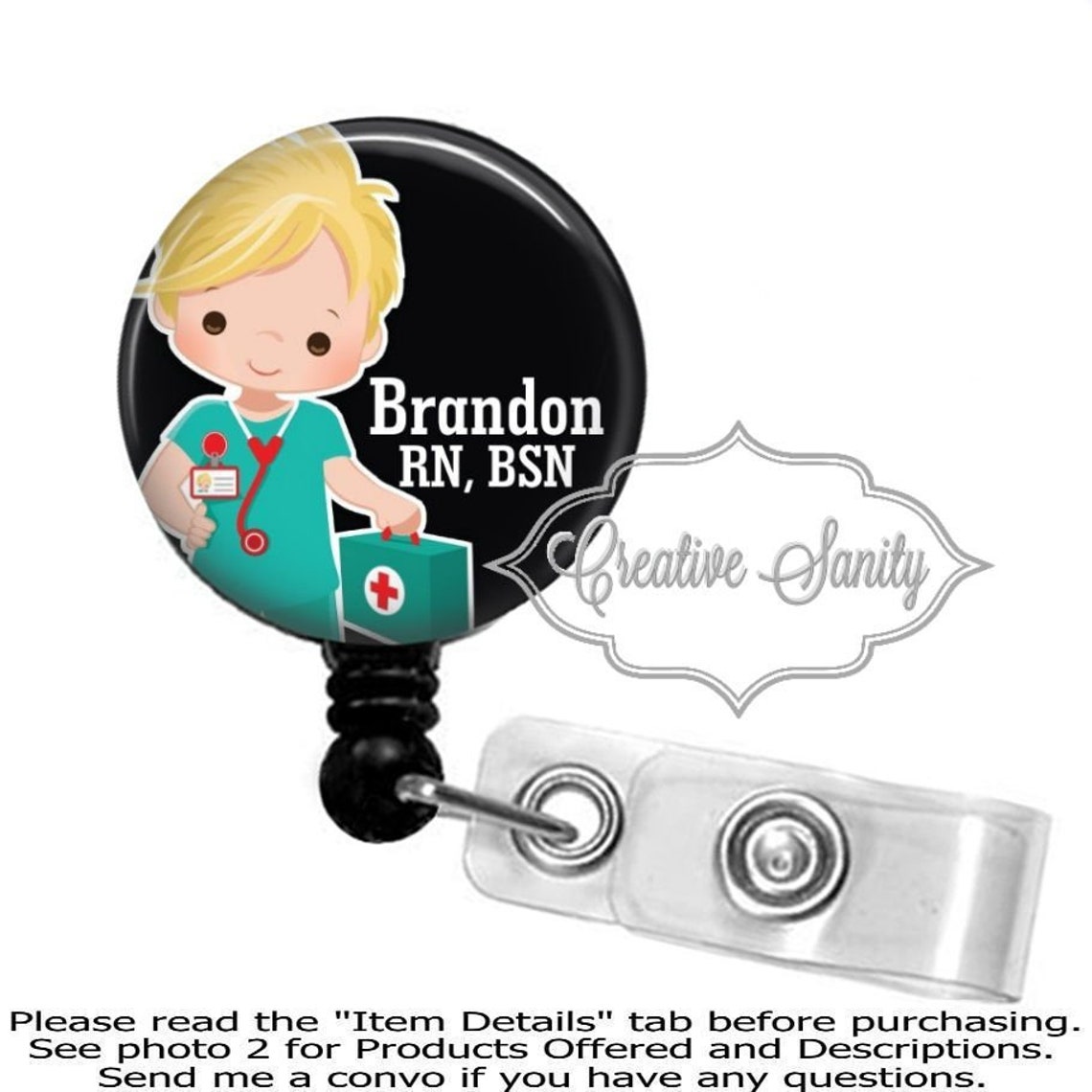 Male Cartoon Nurse Badge Choice of Skin Tone/hair Color Male | Etsy