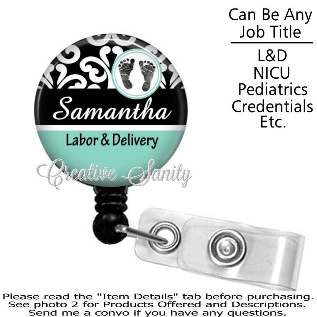Labor and Delivery, NICU Nurse Badge, Baby Feet Damask, Retractable ...