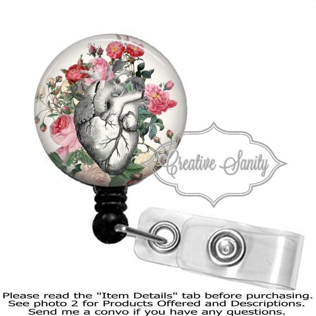 Floral Anatomical Heart Badge, Cardio Tech, Cardiology, Nurse Badge ...