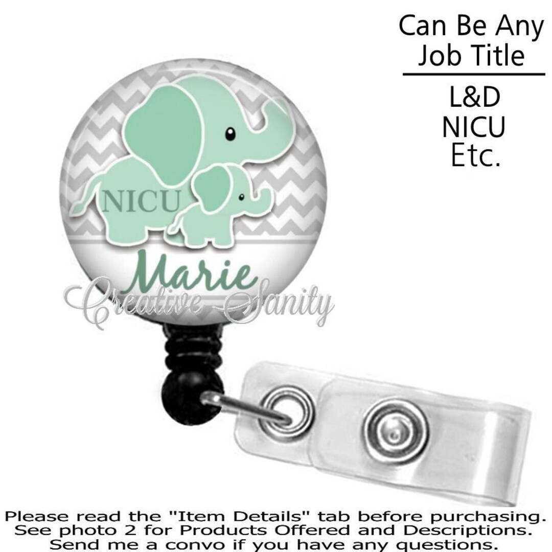NICU Nurse Badge, Grey Chevron/ Green Elephants Badge, Nurse Badge ...