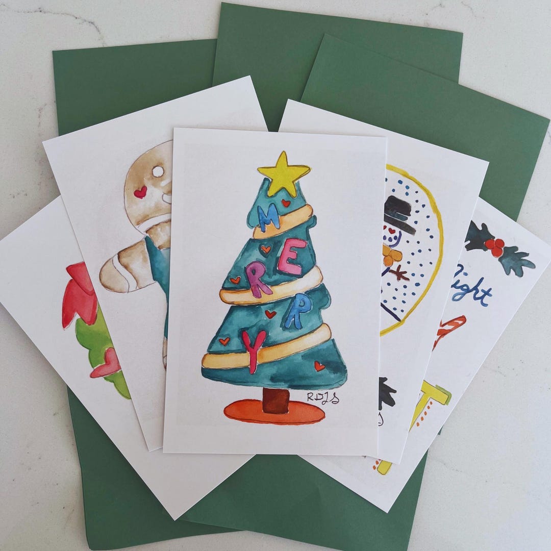 Christmas Cards - Set of 5 - Tree, Gingerbread Man, Silent Night, Snow ...