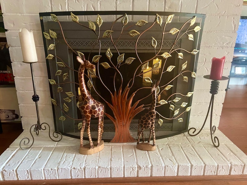 Metal Antique Fireplace Screen With Tree Detail, 39" X 7" X 33", Green ...