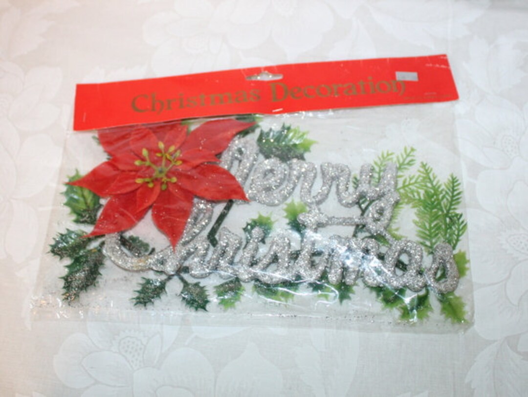 Vintage Merry Christmas Hanging Sign Display Plastic Poinsettia Glitter ...