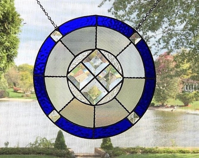 Stained Glass Panel Window Blue Round Beveled Suncatcher Abstract ...