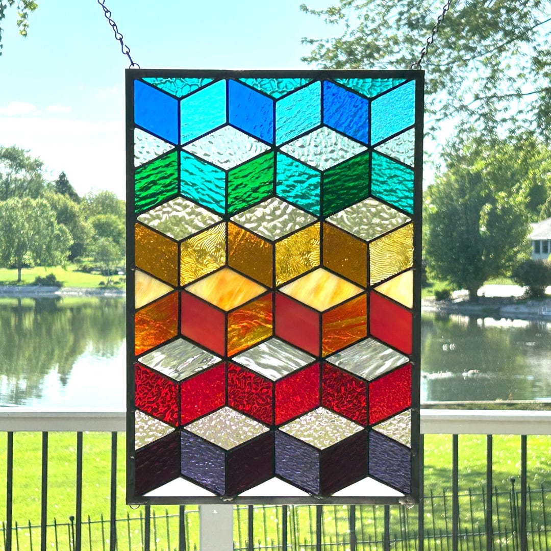 Stained Glass Window Panel Geometric Window Hanging Rainbow 3D Design ...