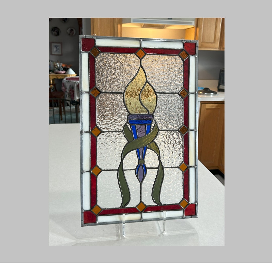 Victorian Stained Glass Window Panel Torch Red Window Hanging Home ...