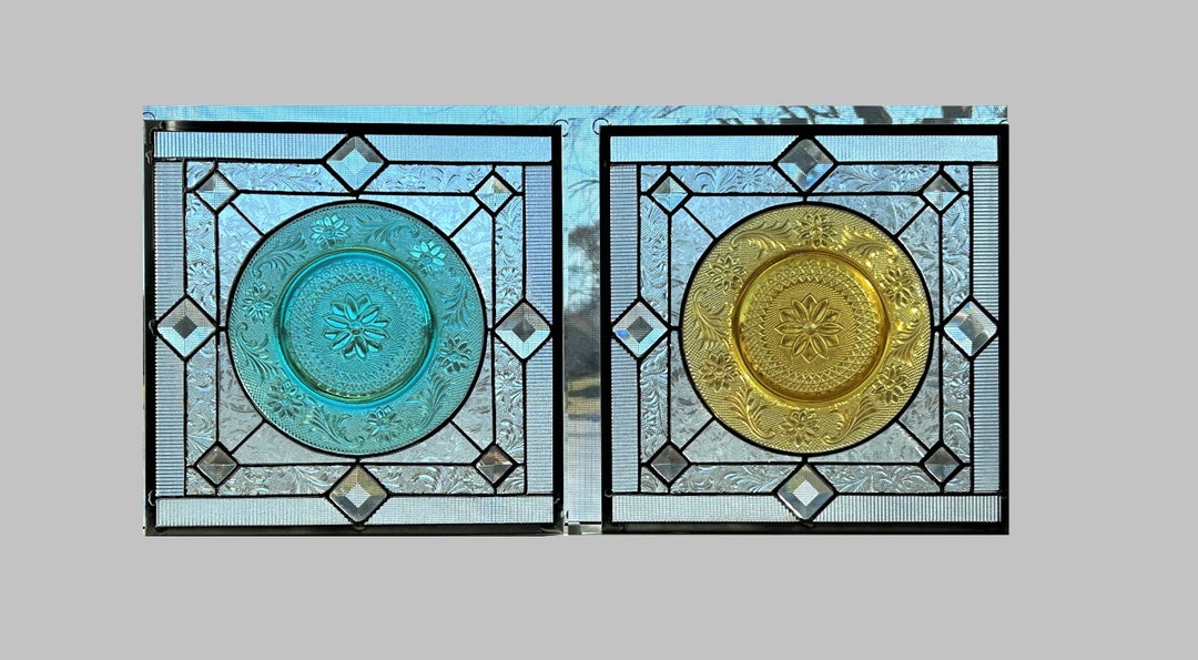 Choice of Color Stained Glass Window Panel Geometric Teal - Etsy