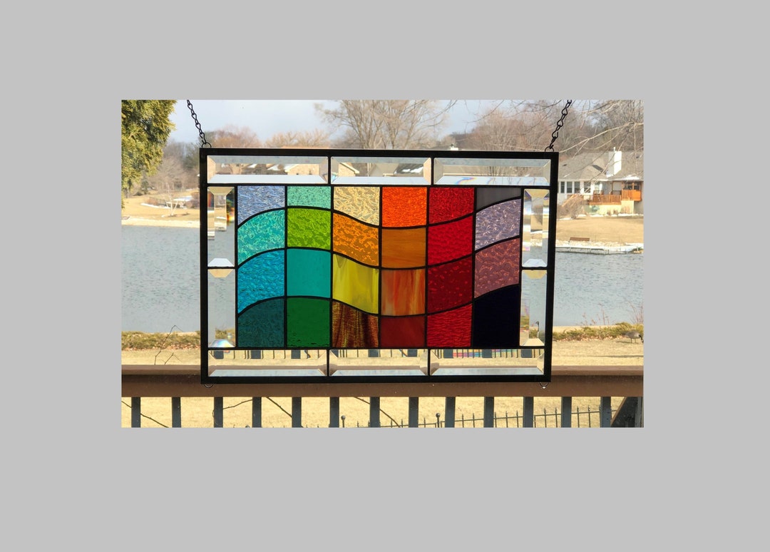 Stained Glass Panel Window Hanging Rainbow Wave Geometric Abstract ...