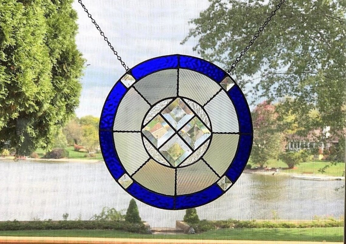 Stained Glass Panel Window Blue Round Beveled Suncatcher | Etsy