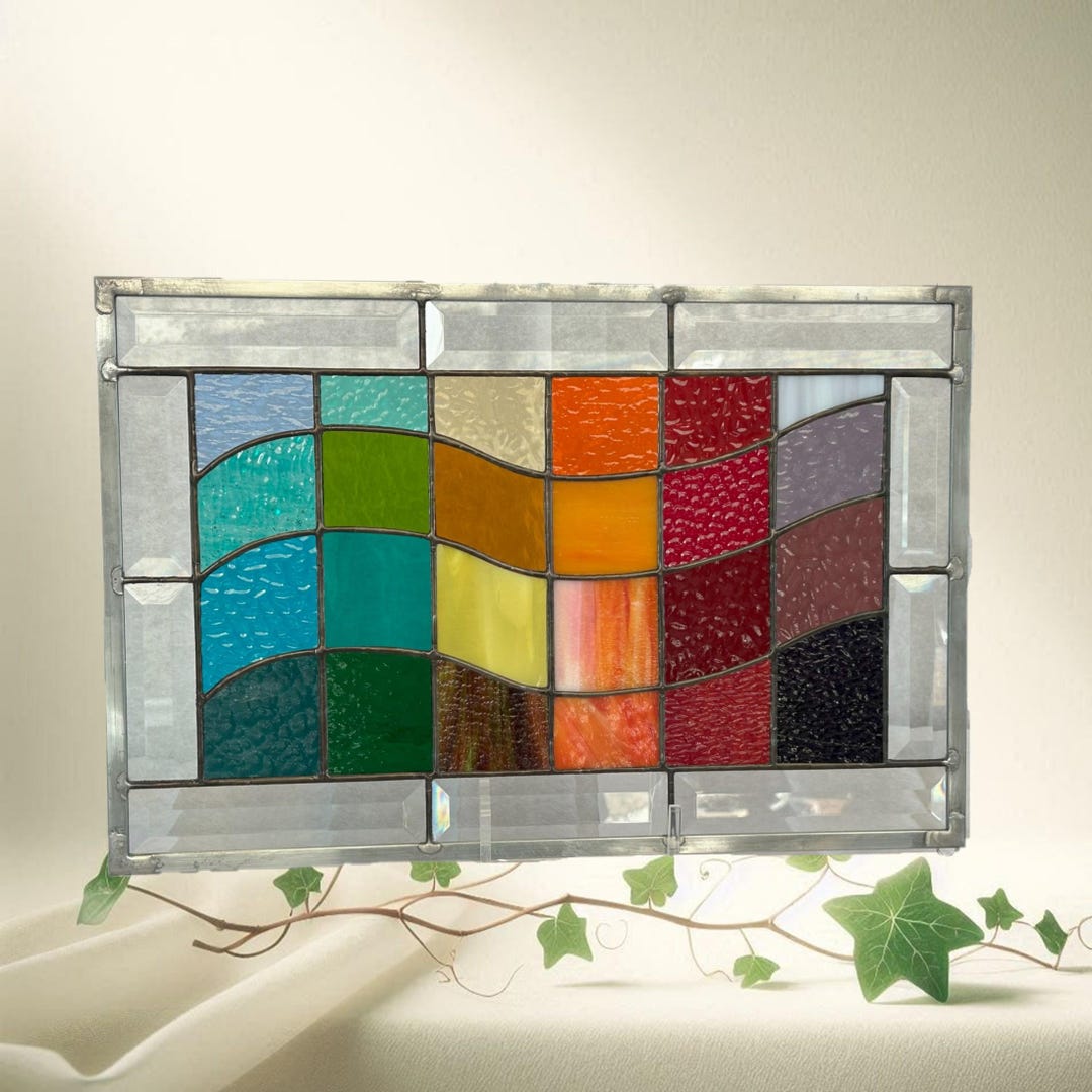 Stained Glass Panel Suncatcher Rectangle Rainbow Wave Window Hanging ...