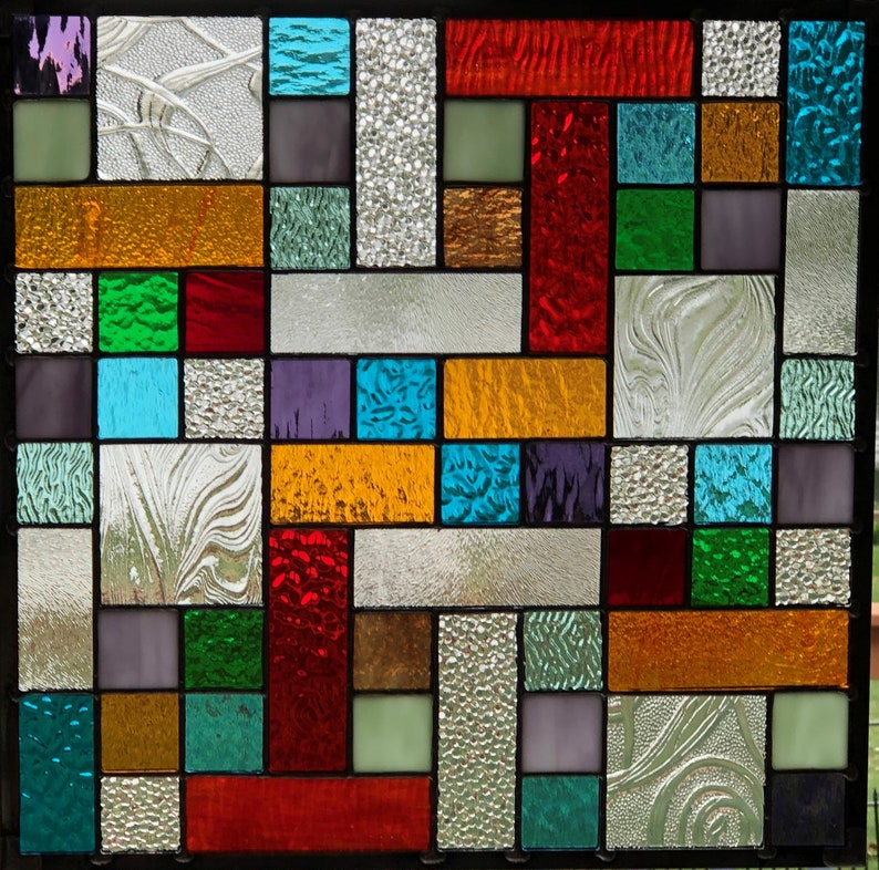 Multi color square stained glass panel window geometric | Etsy