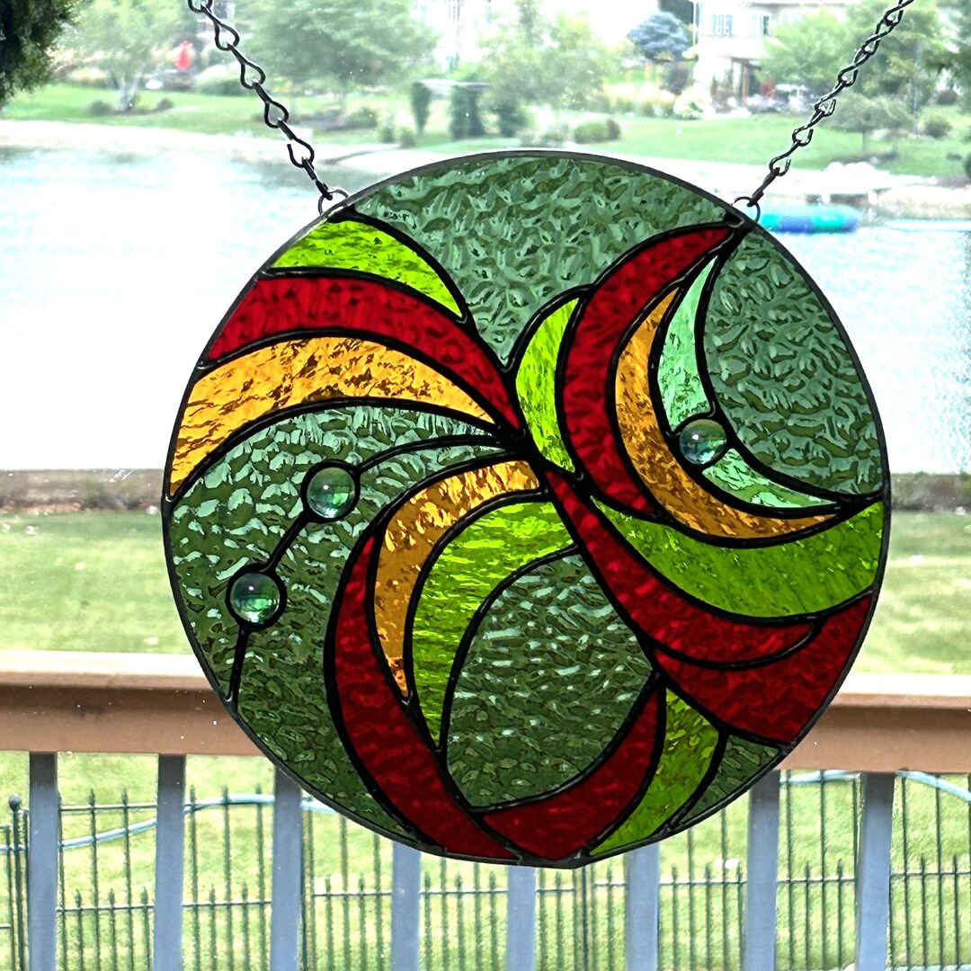 Stained Glass Window Panel Hanging Round Suncatcher Earth Tones 10x10 ...