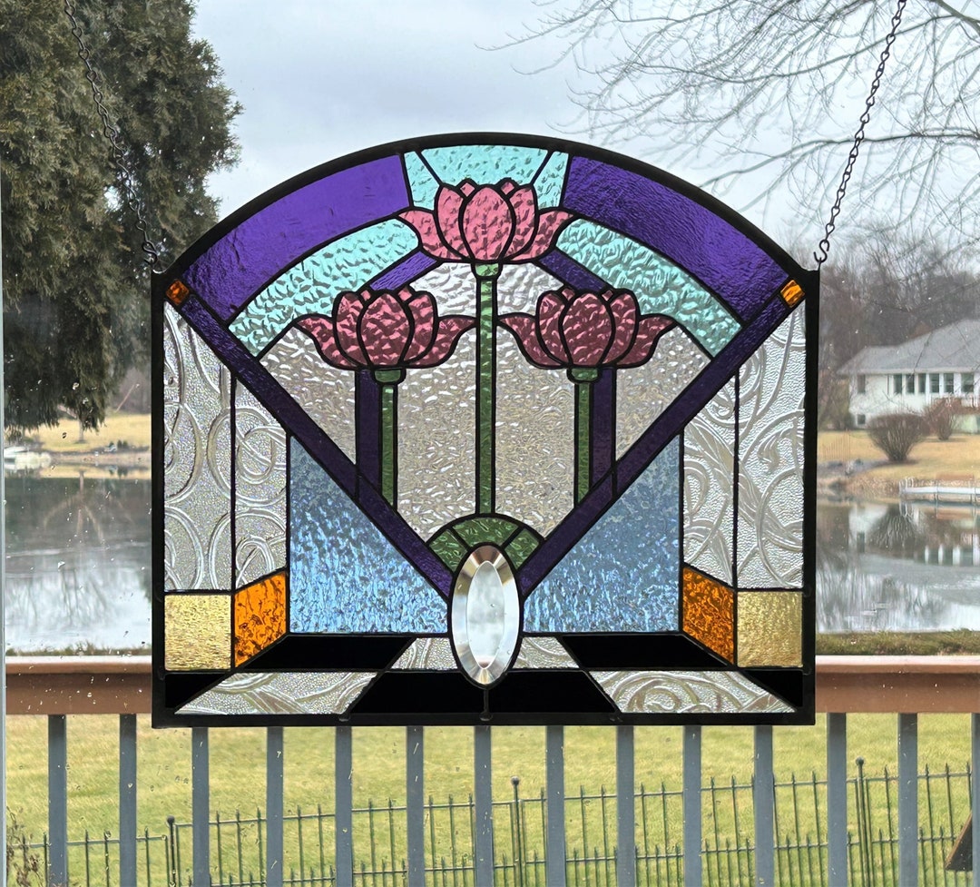 Stained Glass Panel Window Hanging Art Deco Arch Top Flower - Etsy